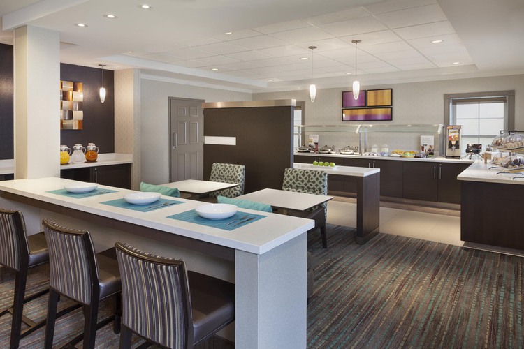Breakfast buffet and seating area